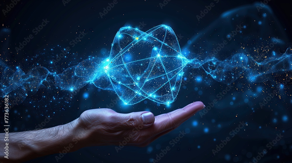 Abstract image. Scientist holding a holographic model of a nuclear atom ...