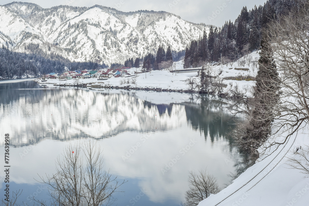 Panoramic Winter View Of Tadami Railway Line Train And Bridge ...