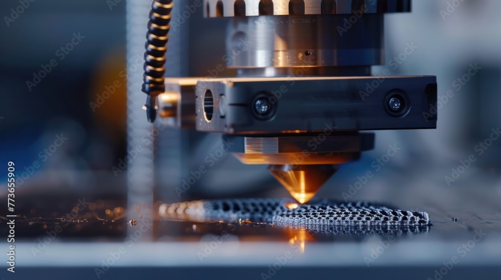 A 3D printer nozzle depositing melted material layer by layer to create ...