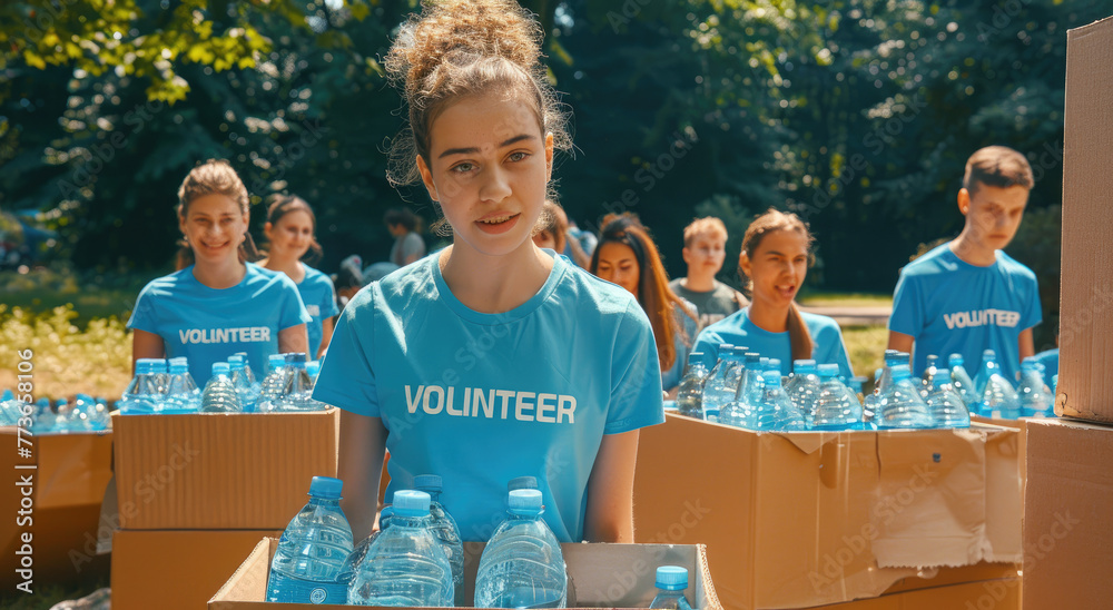 A group of diverse people wearing blue t-shirts with the text ...