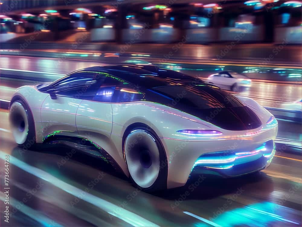 A modern, streamlined electric vehicle glides swiftly along a city ...
