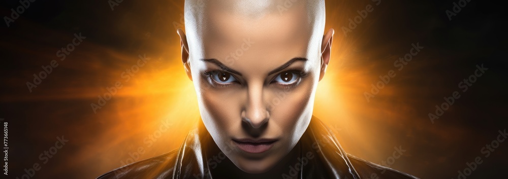 Bold and empowered portrait of a model with a shaved head, radiating ...