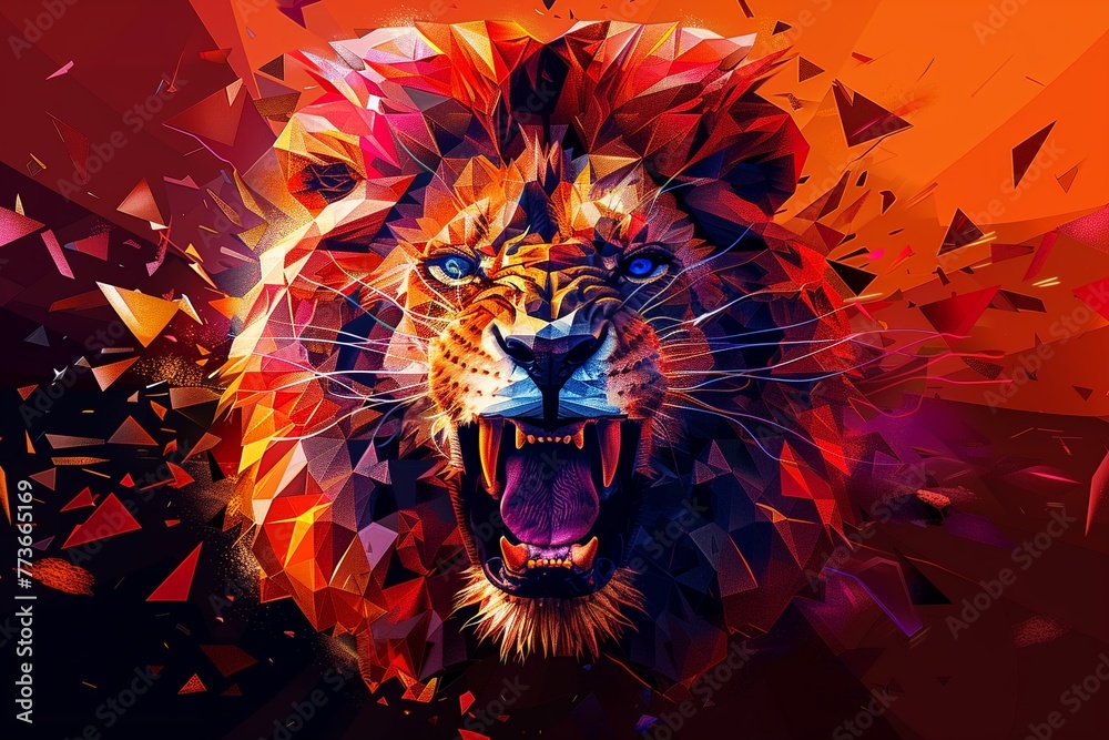 Polygon roaring lion head, front view, high tone vibrant colors ...