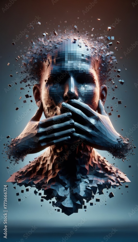 A dramatic digital artwork depicting a human face being silenced by ...