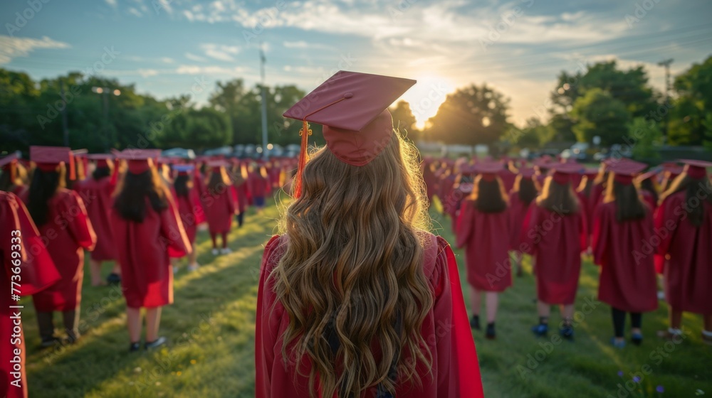 Back view of a female student with long wavy hair in a graduation cap ...