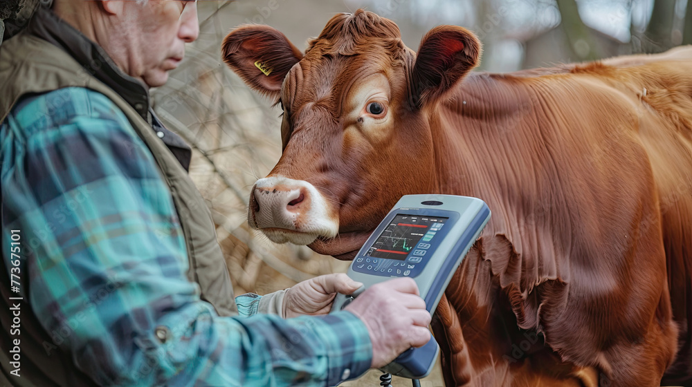 Veterinarian man with ultrasound device checking if cow is pregnant in ...