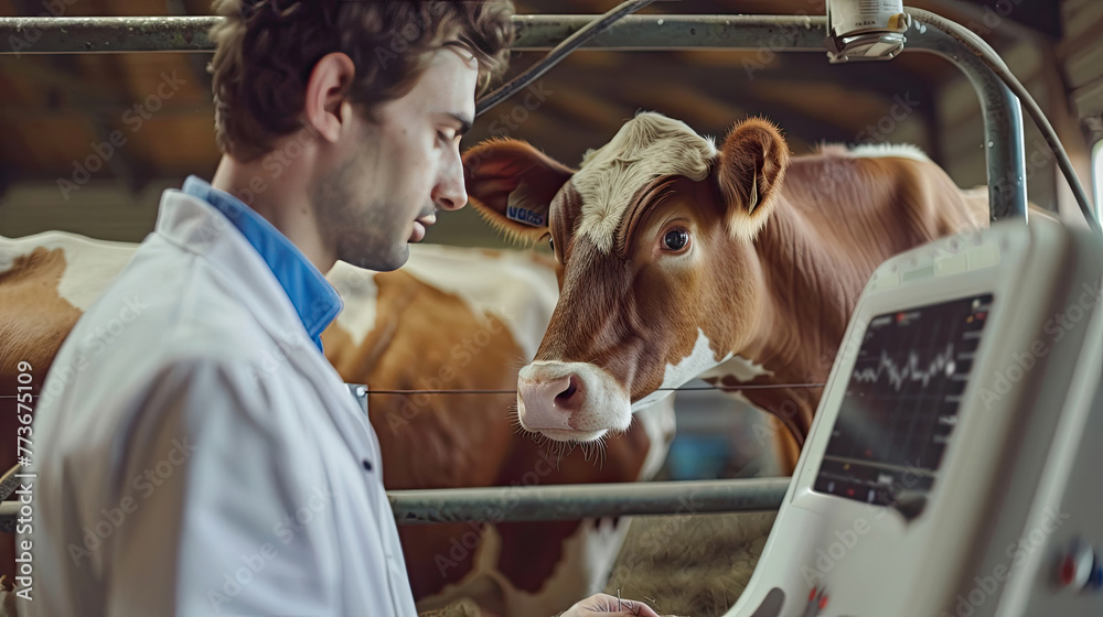 Veterinarian man with ultrasound device checking if cow is pregnant in ...