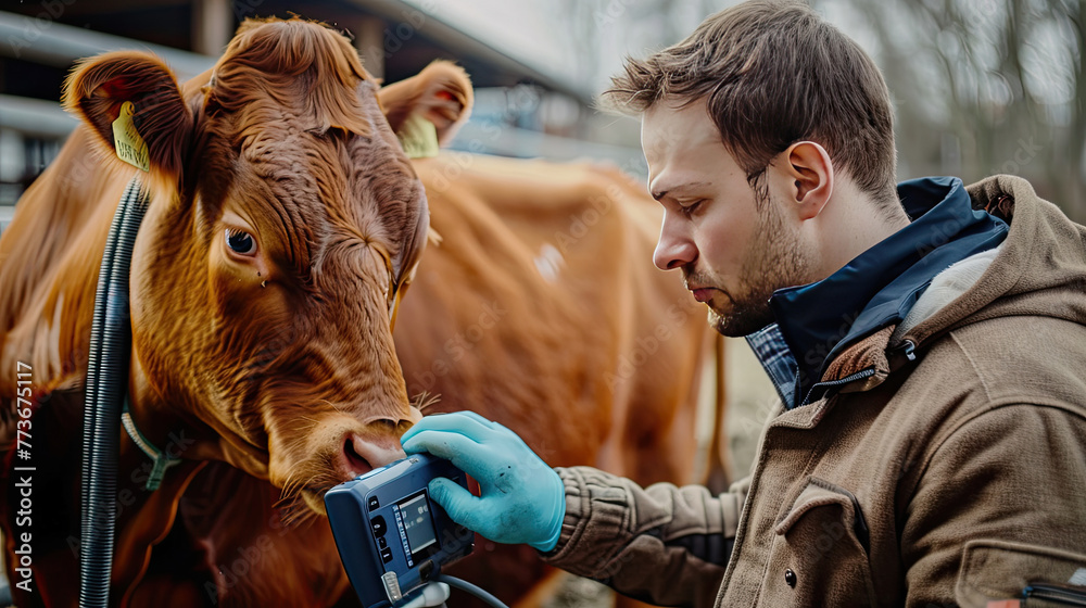 Veterinarian man with ultrasound device checking if cow is pregnant in ...