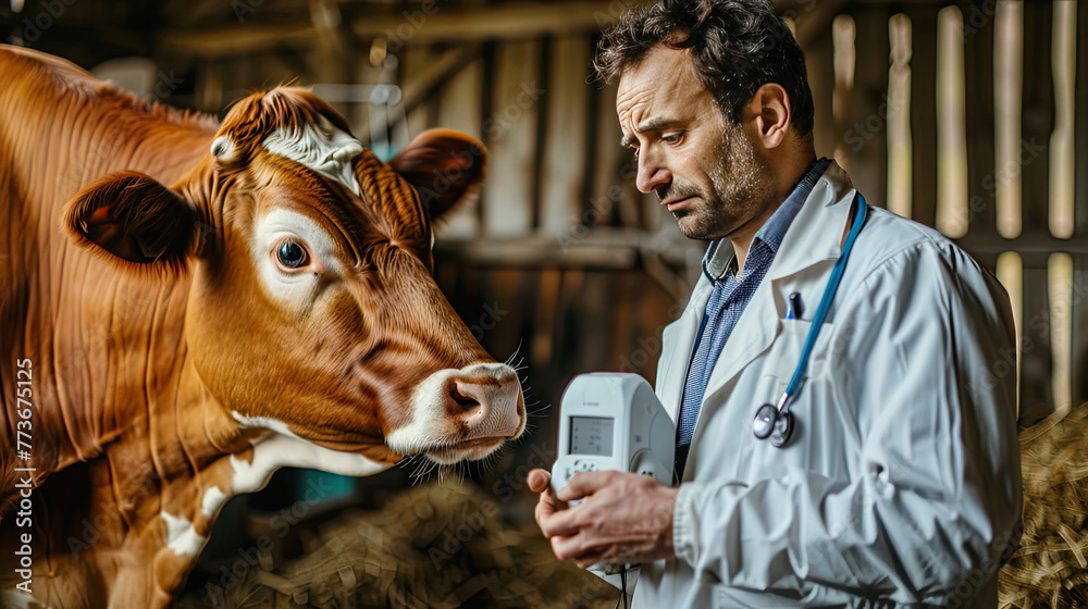 Veterinarian man with ultrasound device checking if cow is pregnant in ...