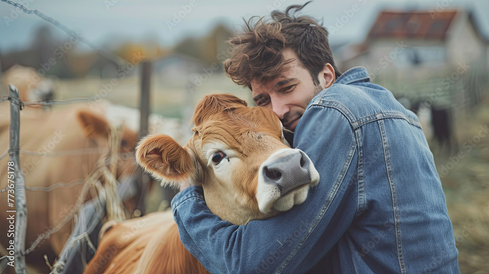 Veterinarian man with ultrasound device hugs cow pregnant on farm ...