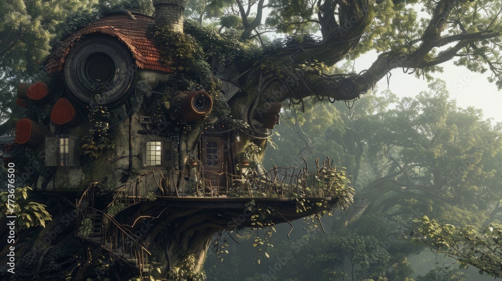 Treehouse nestled in a magical forest - This enchanting image shows a ...