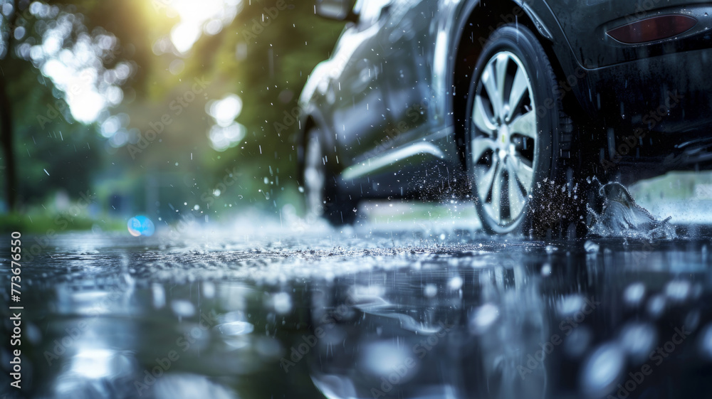 Vehicle speeding through rainy street with splashes - This powerful ...