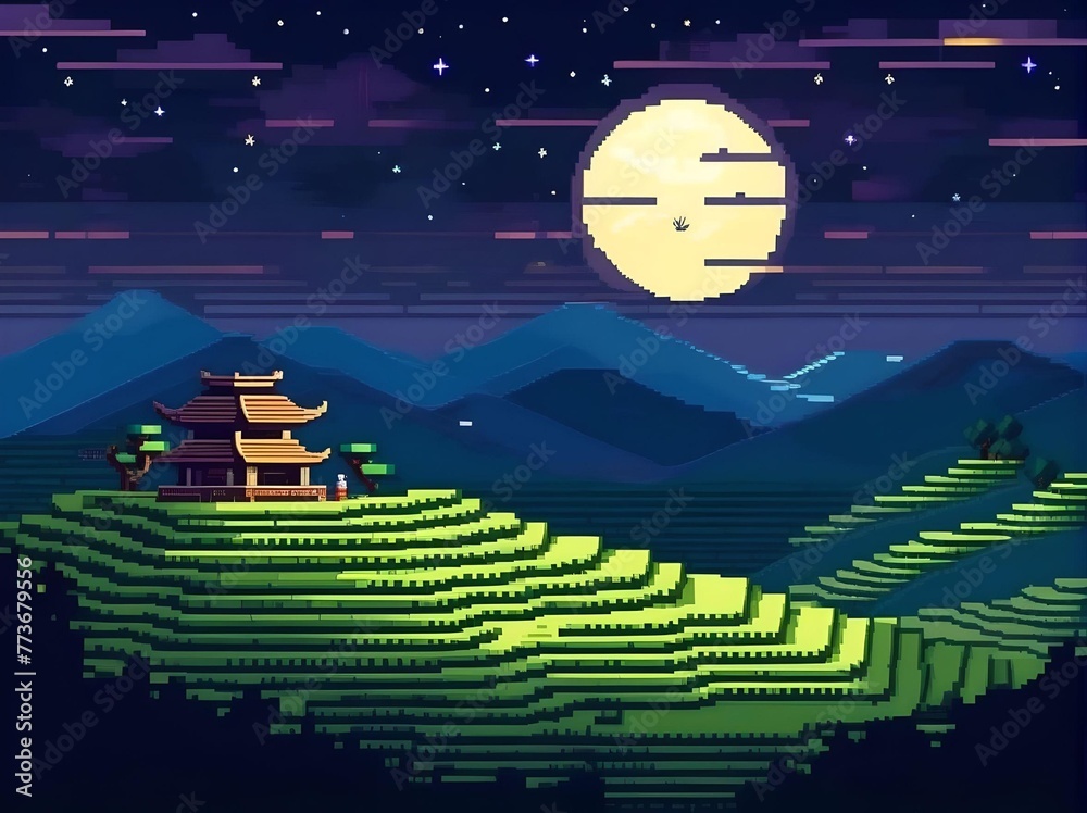 Illustration of Pixel Art Green Paddy Field Terraces with Shrine and ...