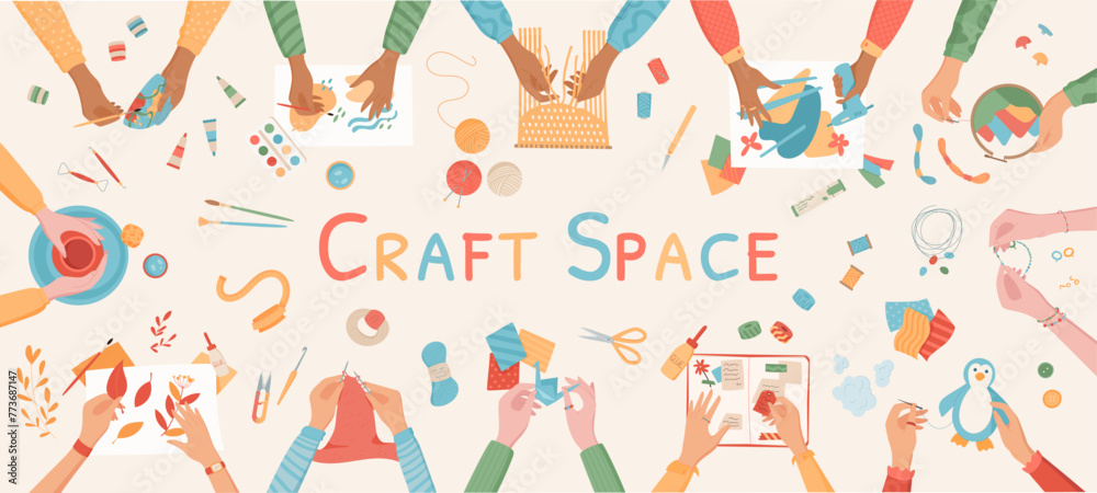 Creative craft space activity concept illustration, top view handmade ...