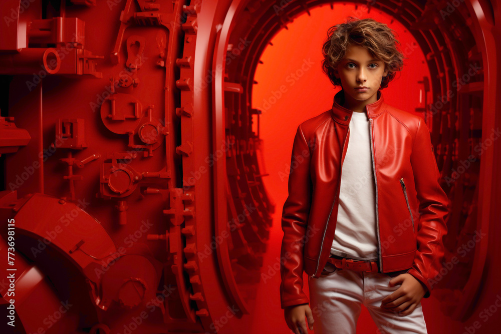 Against a radiant red wall, the kid model showcases his impeccable ...