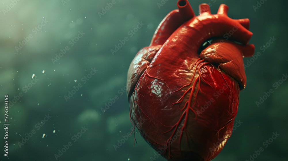 The image features a highly detailed depiction of a human heart ...