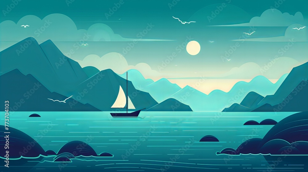 Minimalistic 2D flat vector design of a deep ocean landscape with a ...