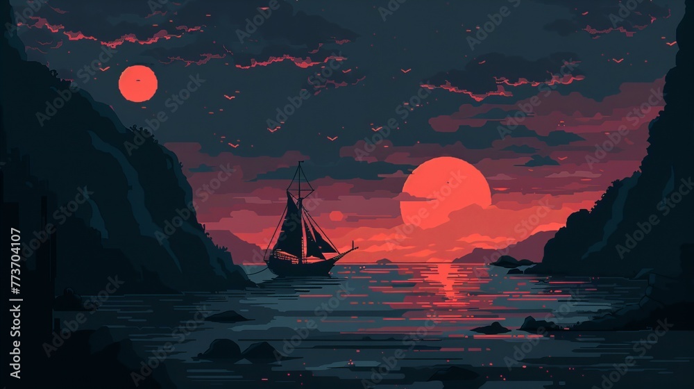 Minimalistic 2D flat vector design of a deep ocean landscape with a ...