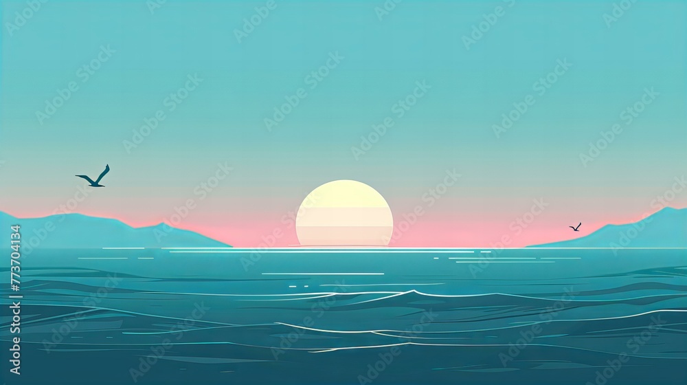 Minimalistic 2D flat vector design of a deep ocean landscape with a ...
