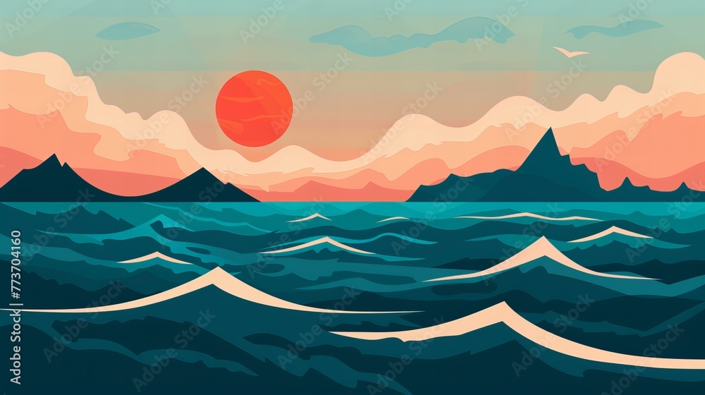Minimalistic 2D flat vector design of a deep ocean landscape with a ...