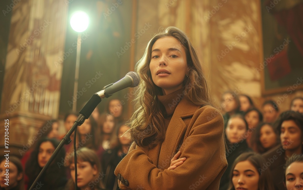 Woman giving a public speech in a formal setting. Confident woman ...