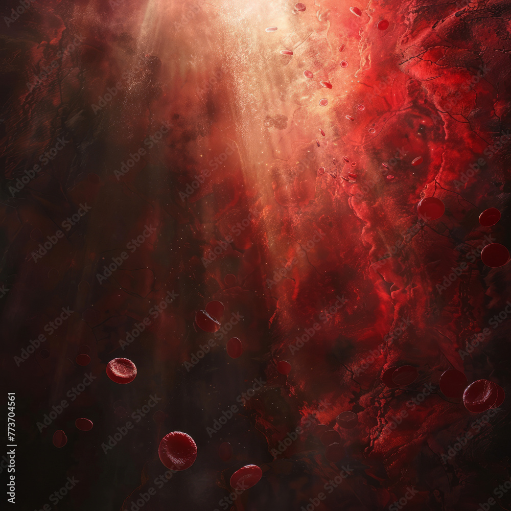 A dynamic and detailed depiction of blood cells in a flowing red ...