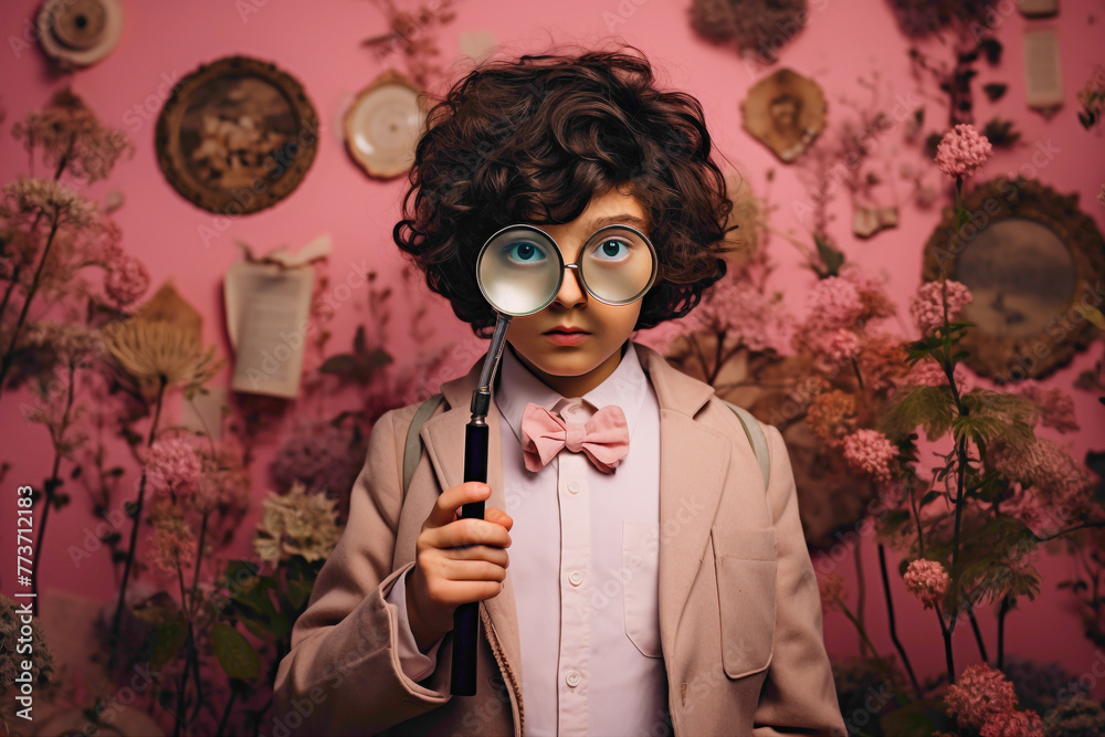 A studious kid model with a magnifying glass, against a solid wall of ...