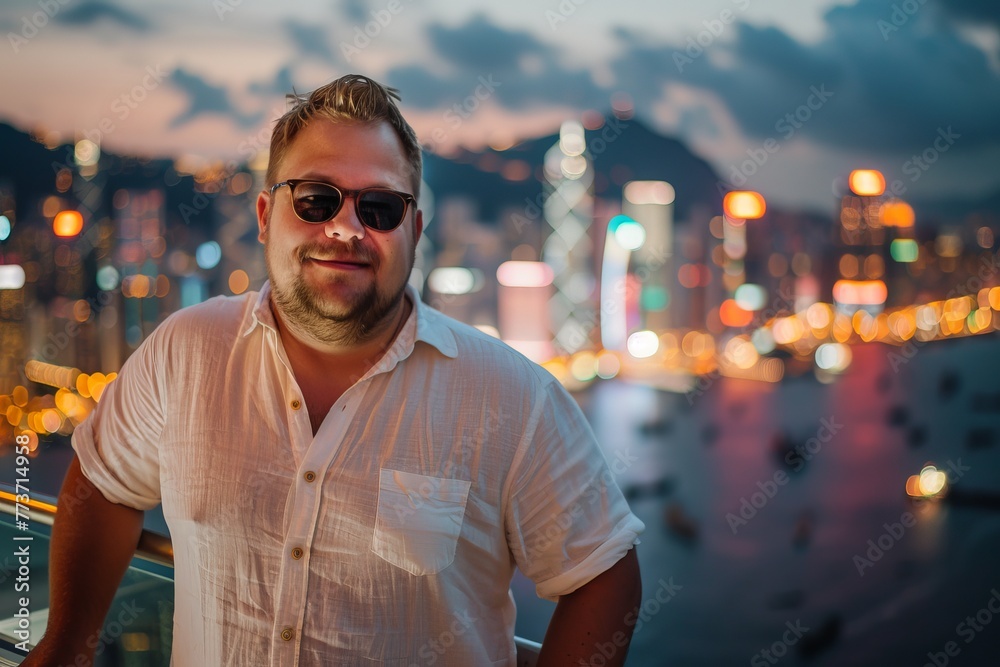 A photo of an overweight man in his thirties, wearing sunglasses and a ...