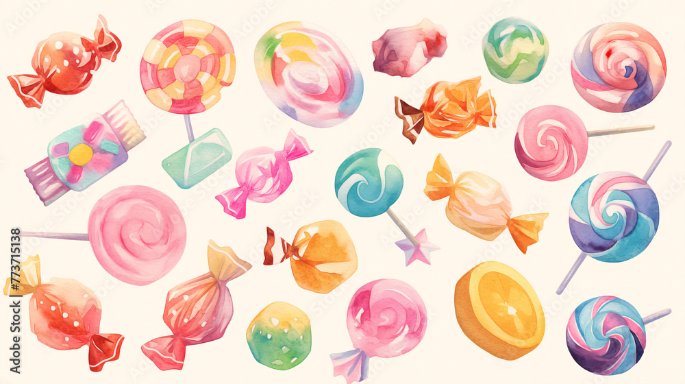 Cute Colorful Candy draw by watercolor in different sizes and shapes ...