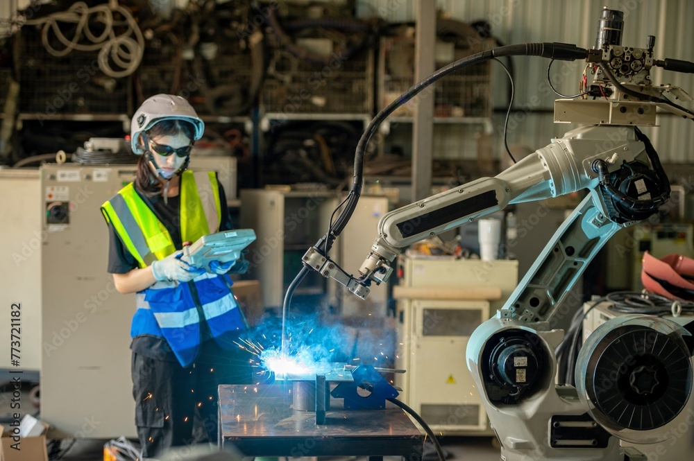 Engineer control robot arm machine welding steel, worker using forcing ...