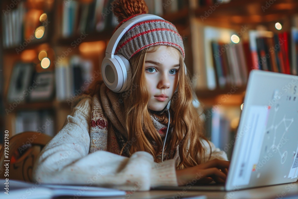 Adolescent female student using headphones to study remotely from home ...
