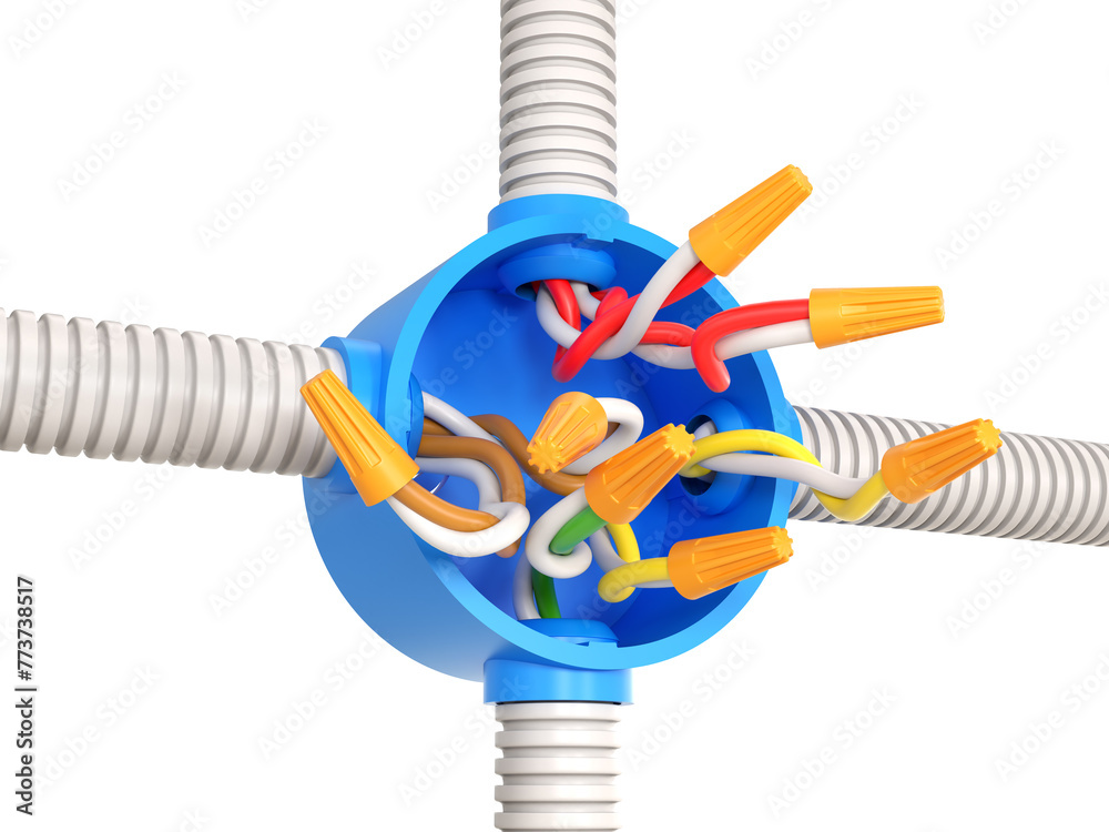 Electric wiring connected by a wire nut connectors on white isolated ...