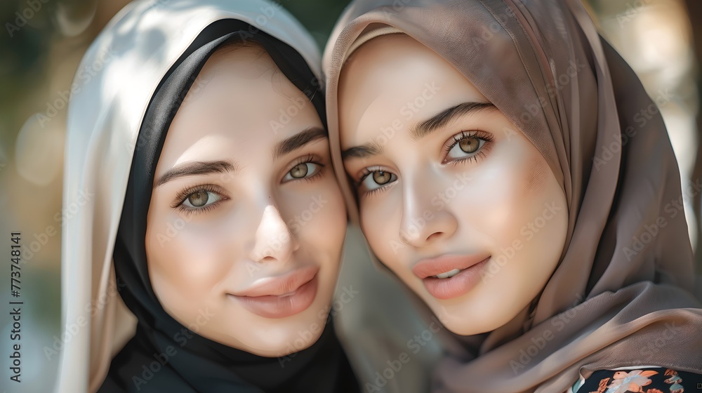 Two young women wearing hijabs in sunlight, showcasing friendship and ...