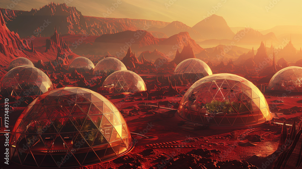 Advanced research facility on Mars, geodesic domes housing lush ...
