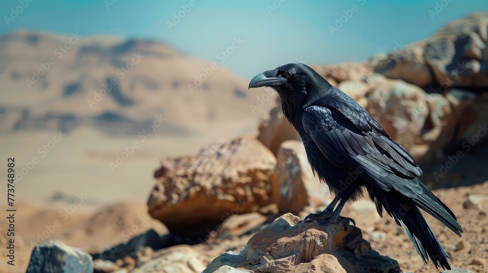 Crow in rocky area of desert landscape. Close-up of bird of prey. Raven ...