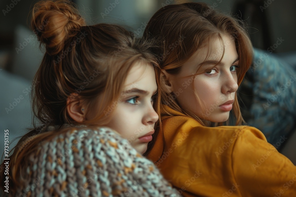 Mother and daughter conflict, miscommunication sitting back to each ...