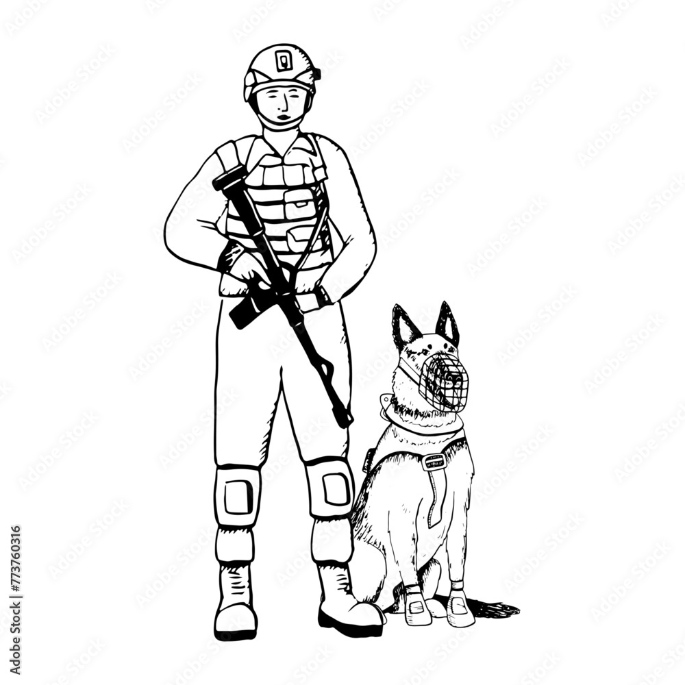 K9 soldier with sitting dog of German shepherd or belgian malinois ...