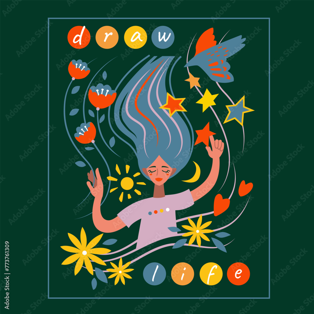 Creative person create his own world. Print for printing on clothes. An ...