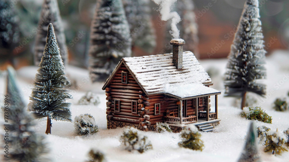 A traditional log cabin miniature house set in a wintry scene with ...