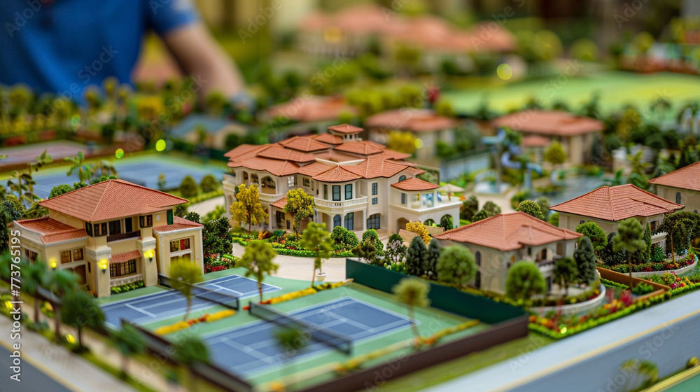 A real estate agent displaying a detailed miniature of a resort-style ...