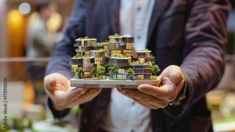 A property developer holding a small model of an urban mixed-use ...