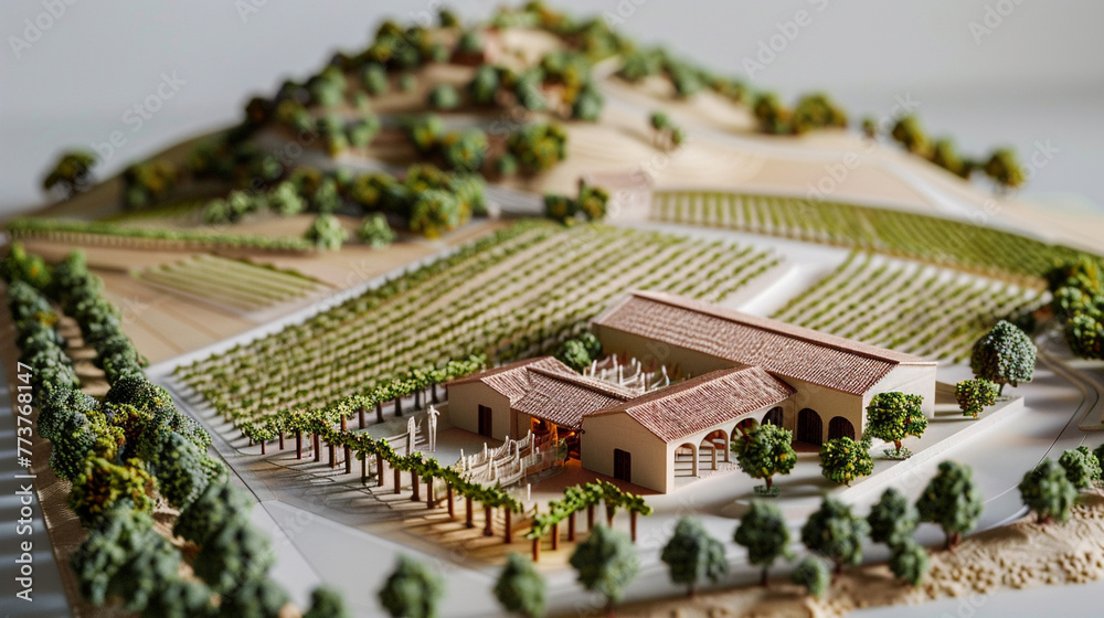 A detailed 3D printed model of a sprawling vineyard, with rows of ...