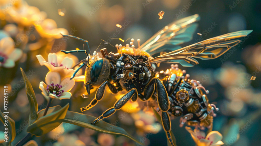An beautiful artificial bee robot replacing real bees in the process of ...
