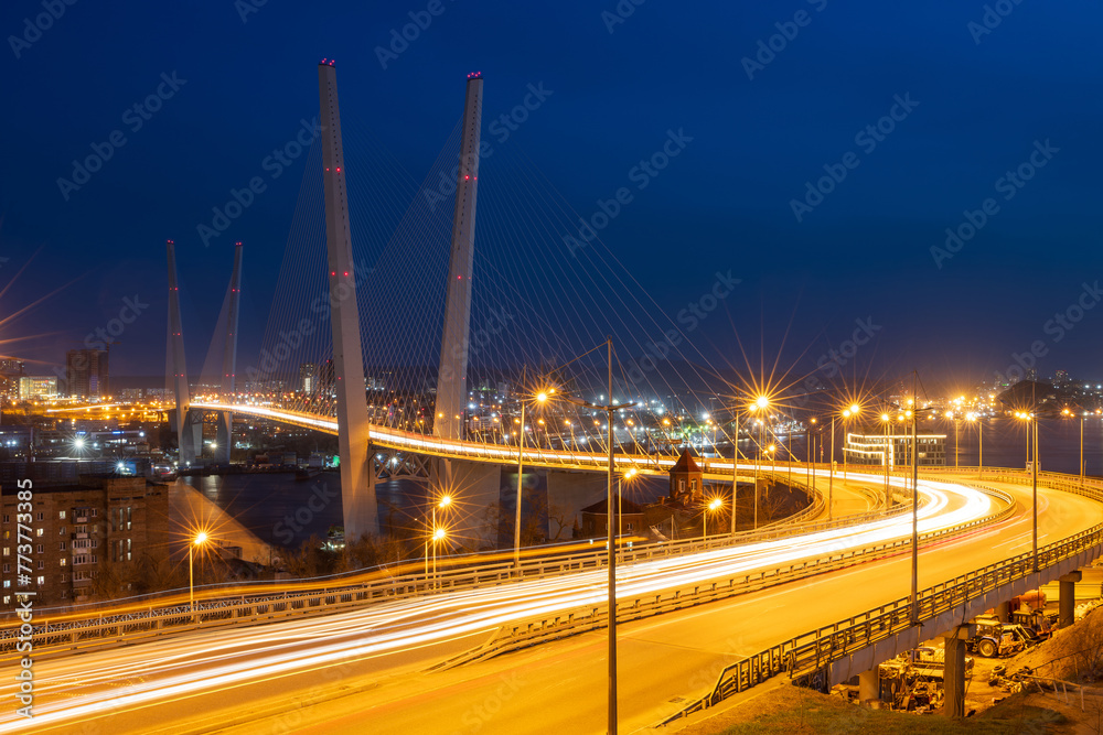 Golden Bridge, Vladivostok city, Primorsky Krai, Russia. Evening view ...