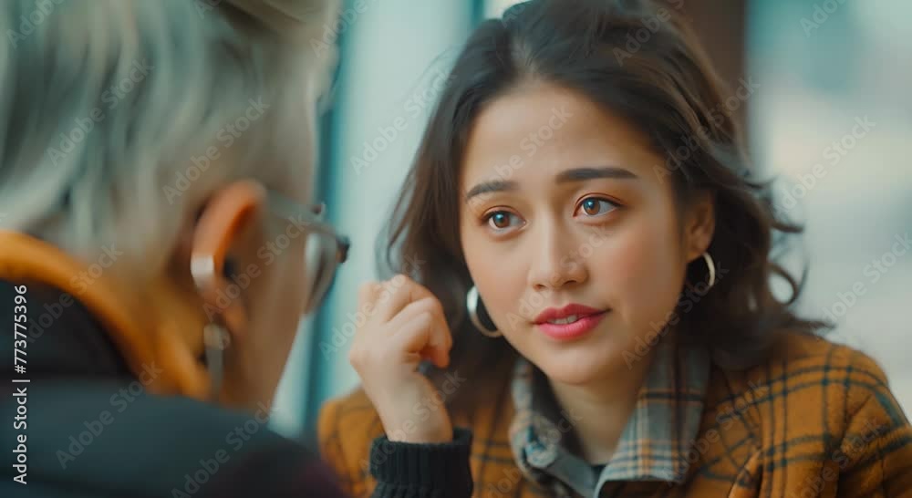 Chinese Woman talks to an older real estate agent in the office ...