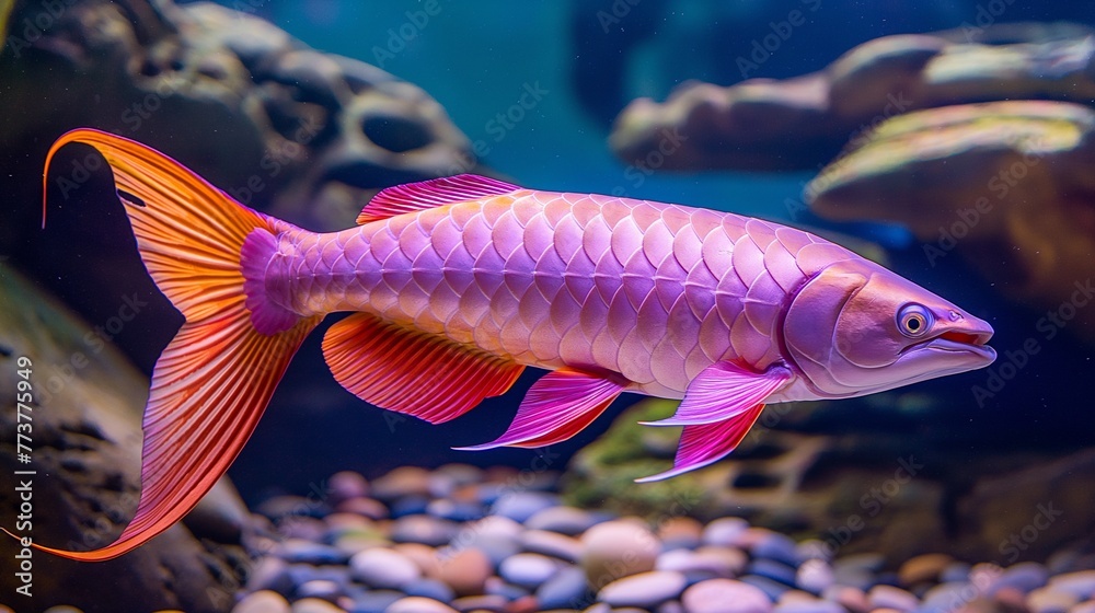 Pink arowana fish swimming in the water It has orange scales on its ...