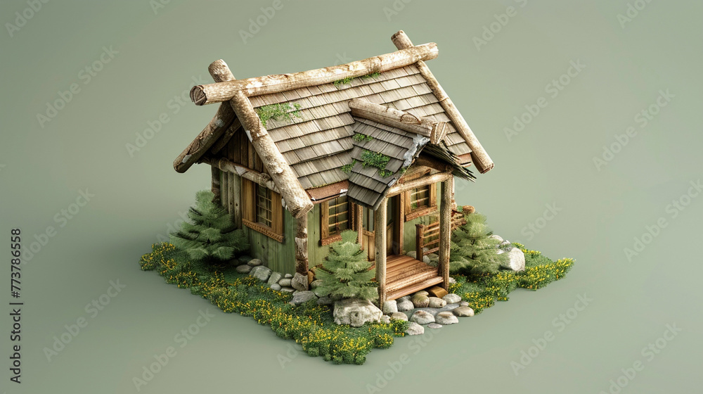 A 3D Max artisanal miniature cabin with a crafted gabled roof and ...