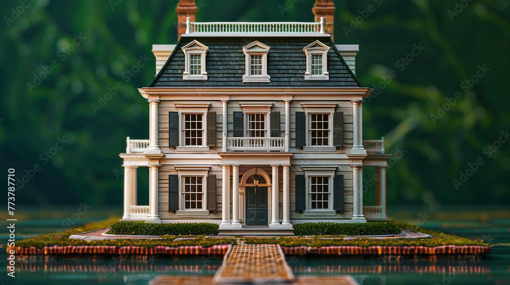 A 3D Max miniature colonial house, featuring classic shutters and a ...