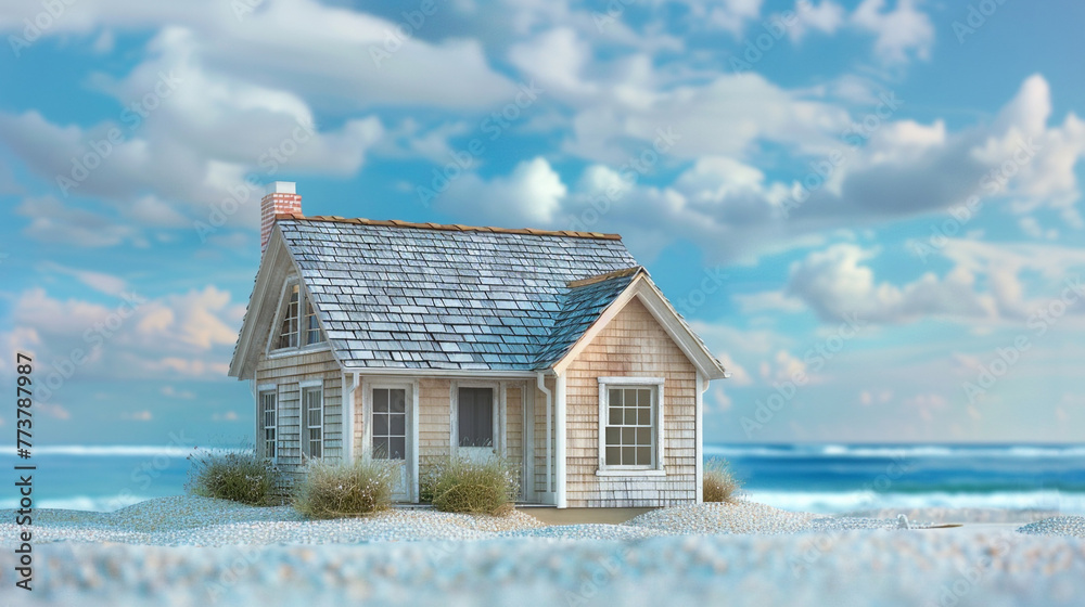 A 3D Max miniature clapboard seaside cottage, with a shingled roof and ...