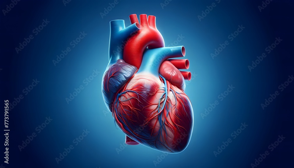 A detailed anatomical illustration of a human heart with arteries and ...